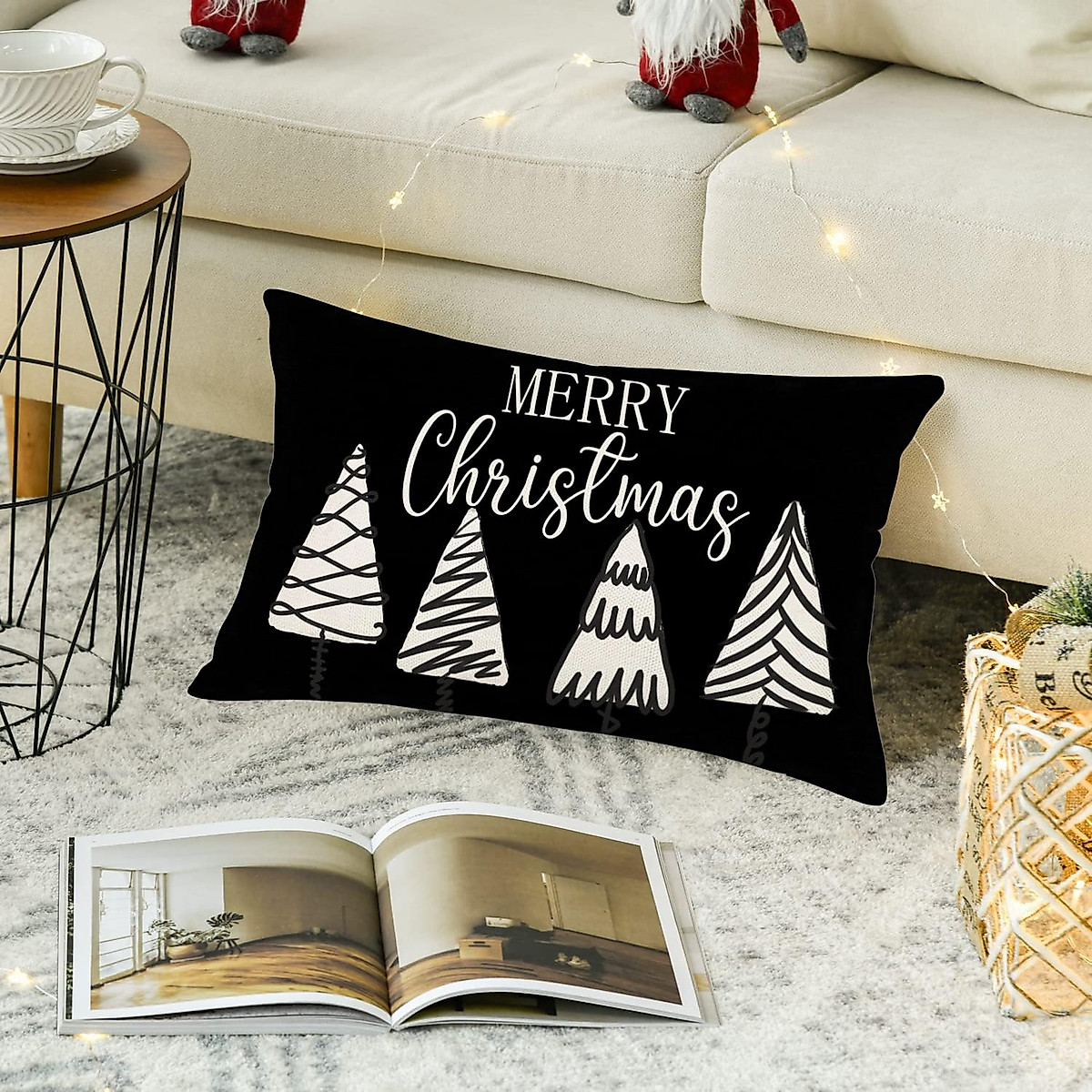 Black Merry Christmas Pillow Cover 12x20 Inch Xmas Pine Tree Lumbar Pillows Simple Throw Pillow Covers Holiday Home Decor Pillowcase Winter Farmhouse Seasonal Rectangle Cushion Case for Bed Couch Sofa
