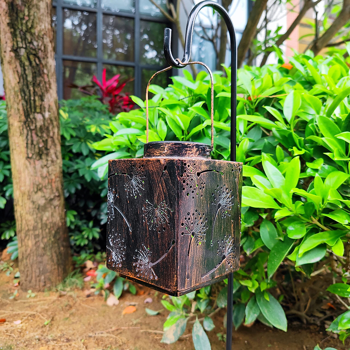 Elfengarden 36 Inch Solar Lantern with Shepherd Hooks - Metal Lanterns Decorative Warm White LED Light - Waterproof Powered Hanging for Patio Garden Pathway [Dandelion-B]