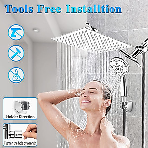 Shower Head, 8” High Pressure Rain/Rainfall Shower Head with Handheld Spray Combo 10 Settings Adjustable Anti-leak Dual Shower Head Kit with 60” Stainless Steel Hose, 11” Extension Shower Arm,Chrome