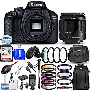 Canon EOS 4000D / Rebel T100 with EF-S 18-55mm III Lens Bundle Includes: Extra Battery and Charger, 64GB SD, Slave Flash, 6PC Gradual Color Filter Kit, Macro/Close Lense and More (Renewed)