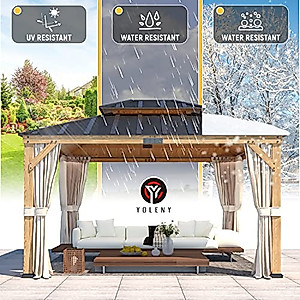 YOLENY 11' x 13' Solid Spruce Wood Gazebo, Hardtop Gazebo with Coated Wood Frame, Waterproof Asphalt Double Roof, Nettings and Curtains for Lawns, Gardens, Decks, and Patios