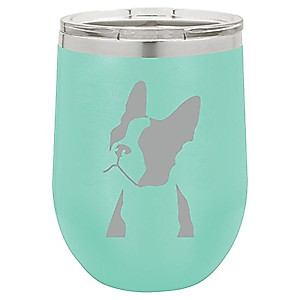 12 oz Double Wall Vacuum Insulated Stainless Steel Stemless Wine Tumbler Glass Coffee Travel Mug With Lid Boston Terrier Face (Teal)