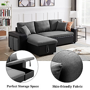 ARCLIS 92.5" Sleeper Sofa Bed, Convertible 3-Seater L-Shape Couch Bed with Storage Chaise 2 Stools Pull Out Sofa Bed, Corner Sectional Sleeper Couch for Living Room Apartment (Gray)