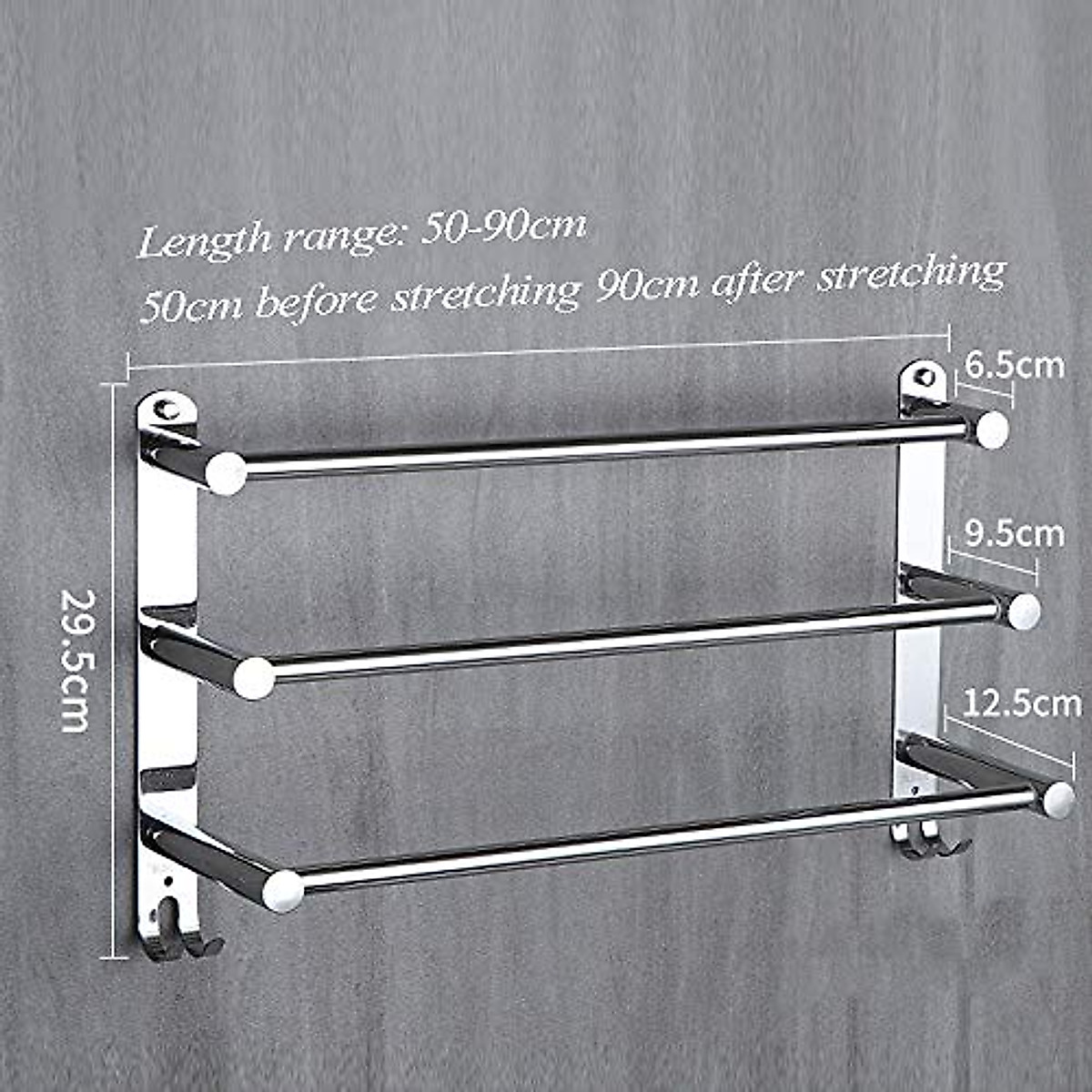 Bathroom Storage Bathroom Accessory 3 Tier Hanging Towel Rails Wall Mountable, SUS304 Stainless Steel Retractable 50-90cm Towel Rack Drill Free Towel Storage Rail for Bathroom and Kitchen