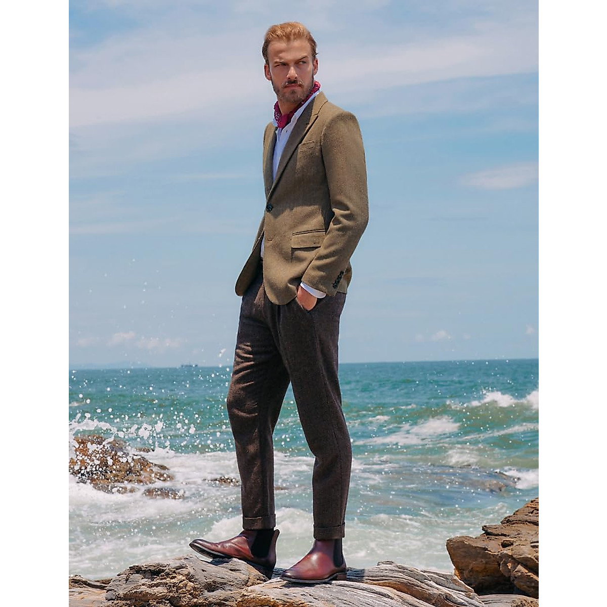 Men's Vintage Herringbone Tweed Blazer Winter Peak Lapel Wool Blend Jacket Coffee Herringbone L