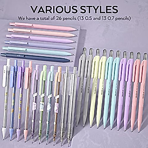 Nicpro 26 PCS Pastel Mechanical Pencil 0.5 mm & 0.7 mm with Bag for School, Cute Mechanical Pencils with 6 Tubes HB Lead Refills, 18 Pcs Eraser Refills For Student Writing, Drawing, Sketching