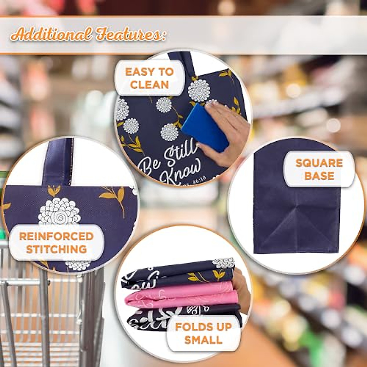 Christian Art Gifts Reusable Shopping Tote Bag for Women: Be Still & Know - Psalm 46:10 Inspirational Bible Verse, Easy-hold Collapsible Handbag for Groceries & Books, Spring White Floral, Navy Blue