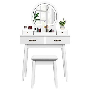 VIVOHOME Vanity Set with 3-Color Dimmable Lighted Mirror, Makeup Dressing Table with Drawers, Padded Stool, White