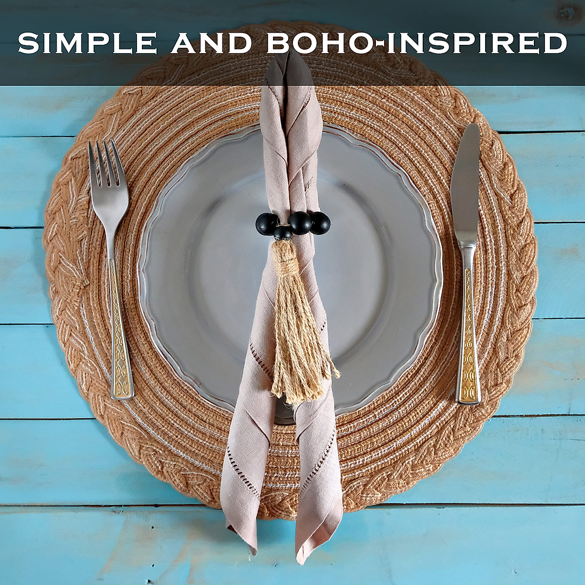 Wood Bead Napkin Rings Set of 6, Stretchable Farmhouse Napkin Ring 6, Elastic Boho Napkin Rings, Beaded Napkin Rings, Wood Napkin Ring Rustic Napkin Rings, Wooden Napkin Rings Fall Napkin Rings Tassel