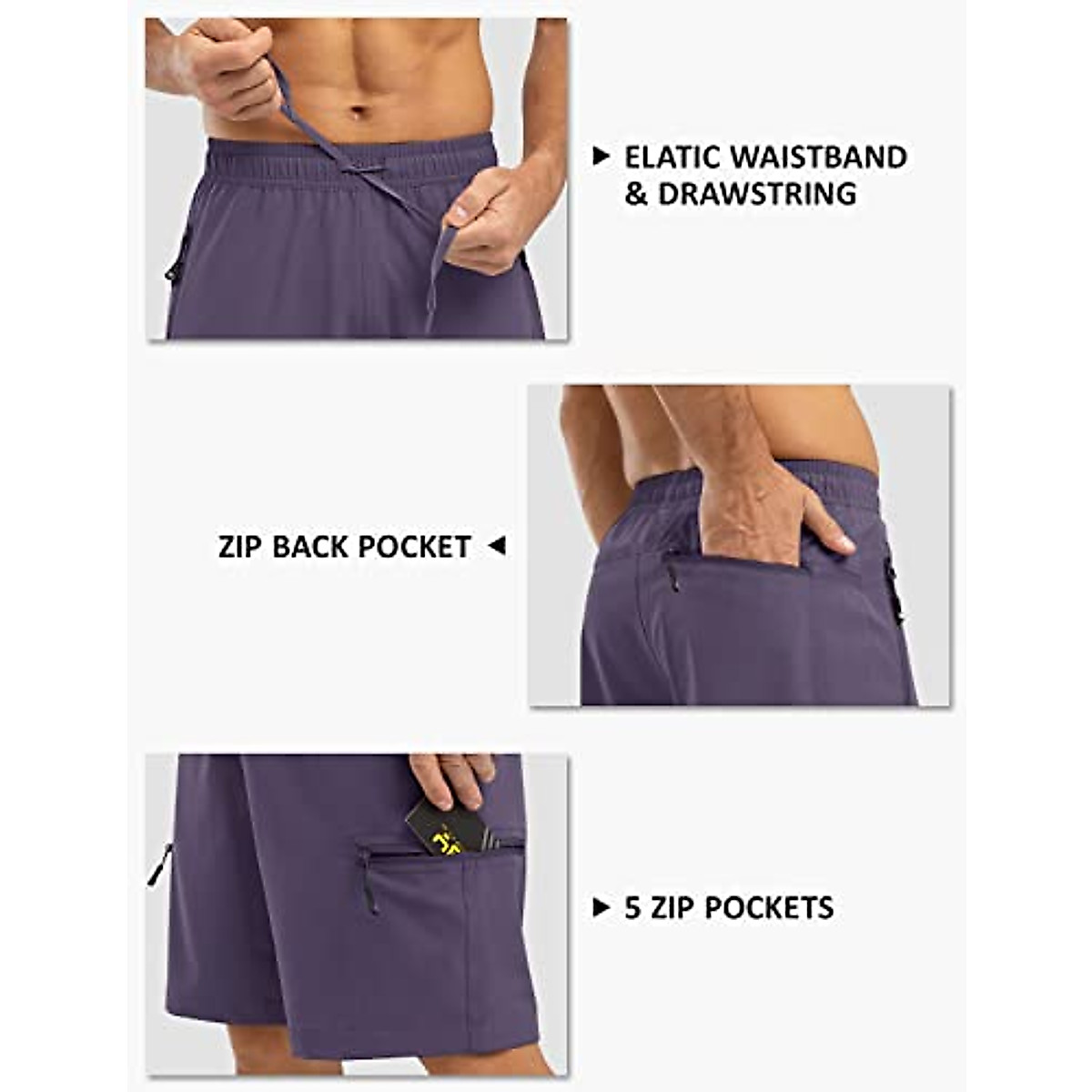 TBMPOY Men's Hiking Shorts with 5 Zip Pockets 9'' Lightweight Outdoor Work Athletic Short for Men Travel Running Purple Grey XXL