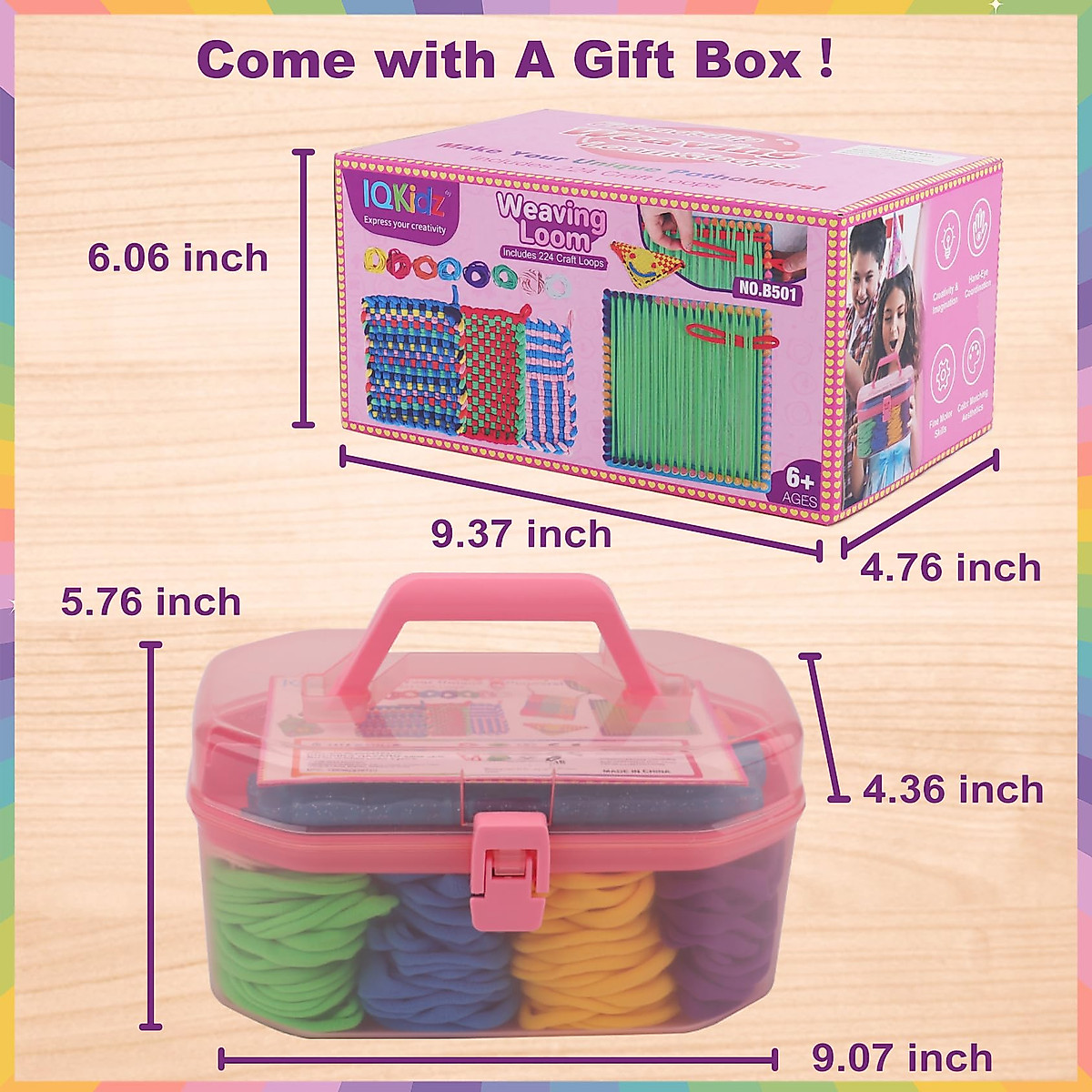 IQKidz Weaving Loom Kit for Kids and Adults - Potholder Weave Looming Toys, Gift for Girls Ages 6 7 8 9 10 11 12 13 Years Old and Above, Square Buildable Loom Knitting Activity, 224 Craft Loops