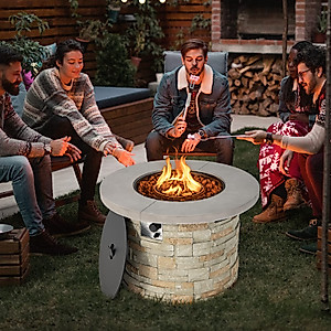 Tangkula 50,000 BTU Propane Gas Fire Pit Table, Patiojoy 36” Round Propane Firepit with Removable Lid, Volcanic Rock & PVC Cover, Outdoor Fire Pit Table with Faux Stone Surface for Patio, Backyard