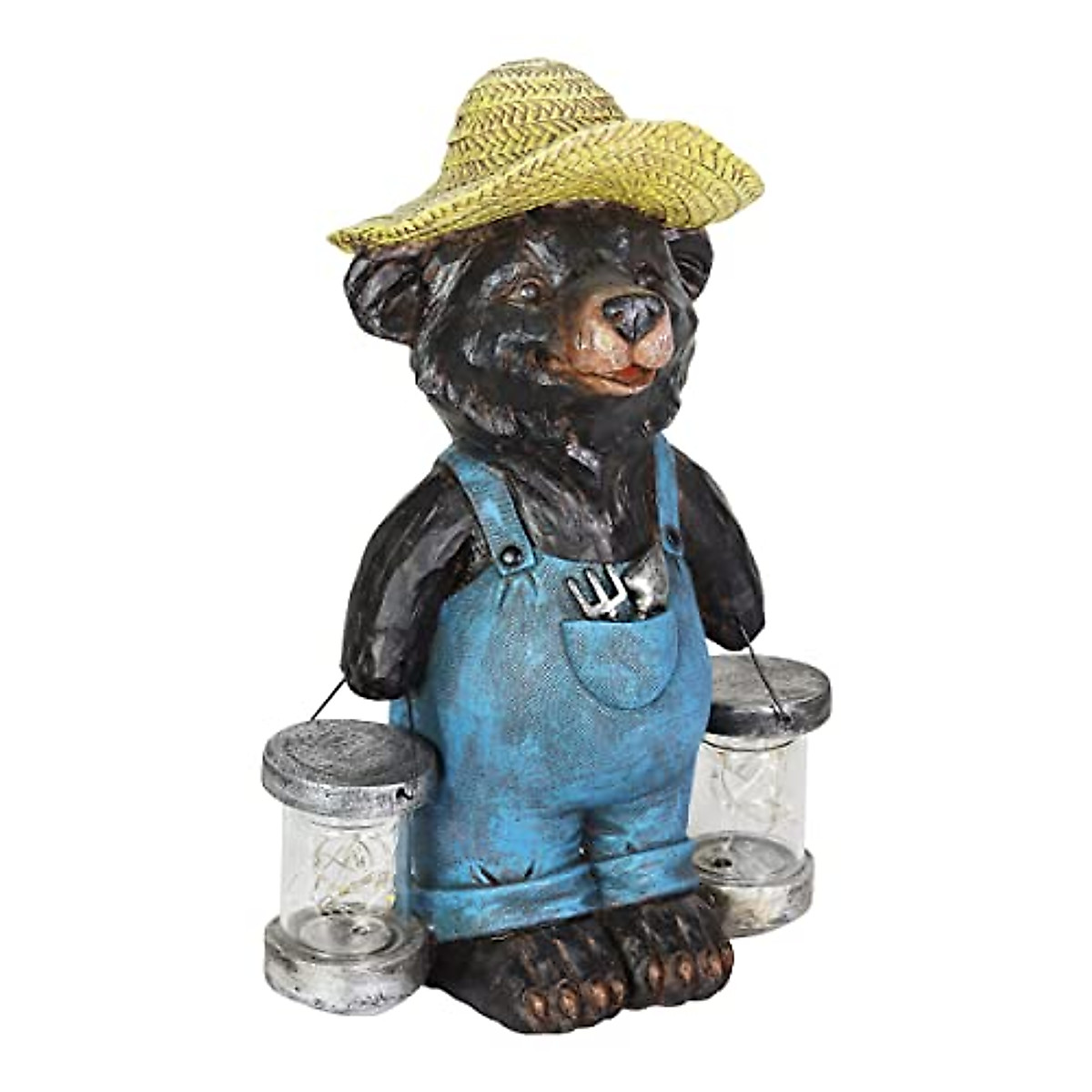 Exhart Garden Sculpture, Farmhouse Black Bear Solar Garden Statue with Glass Jars, LED Firefly Lights, Outdoor Garden Decoration, 12.5 Inch