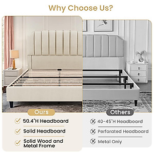 HALLYBEE 50.4" H Queen Bed Frame with Headboard Linen Fabric Platform Bed Frame Queen Size, Chic and Elegant Upholstered Bed Frame Queen, Bedframe No Box Spring Needed, Mattress Foundation, Beige