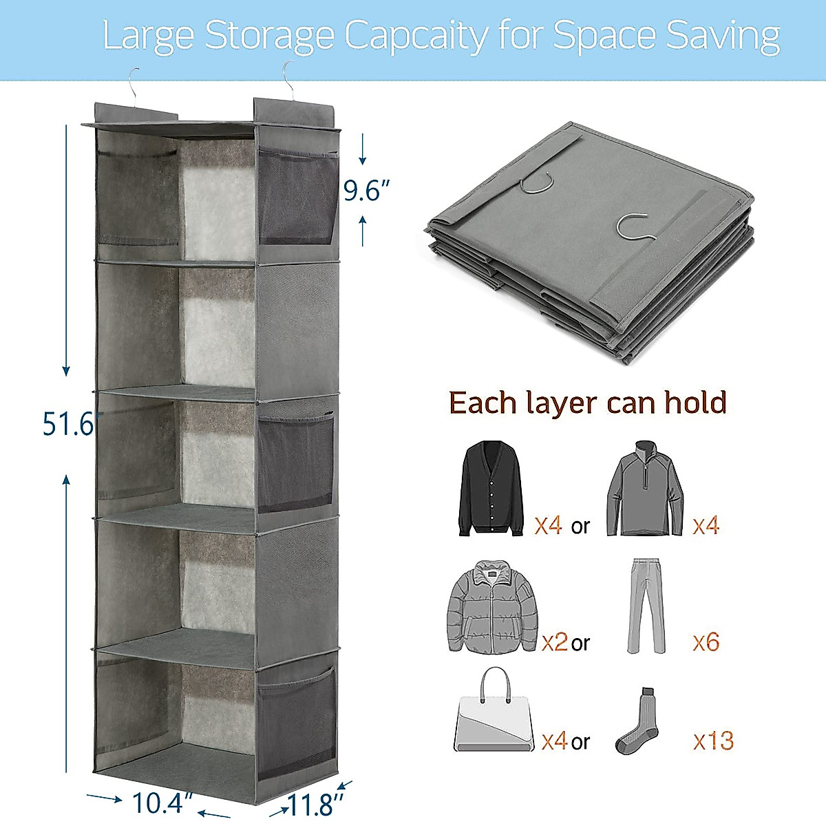 BSFHH Hanging Closet Organizer, 5-Shelf Closet Hanging Storage with 6 Side Pockets,Collapsible Hanging Shelves for Closet Oxford Cloth 10.4" W x 11.8" L x 51.6" H (Grey, 1 Pack)