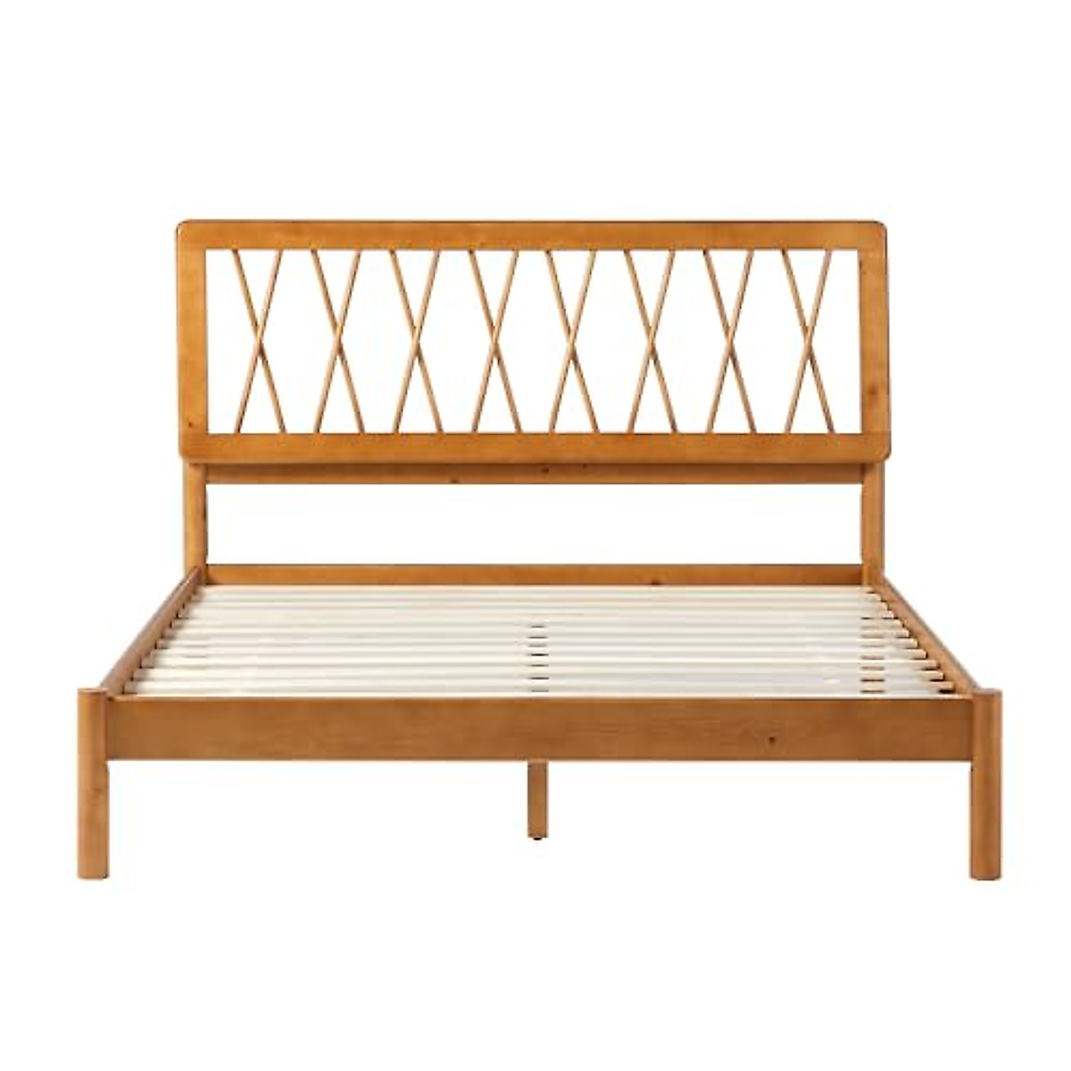 Walker Edison Queen Transitional Geometric X Pattern Headboard Solid Wood Bed, Queen Size, Caramel