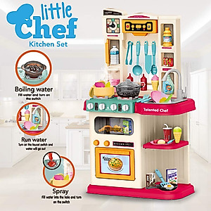 FRJINIE Toy Kitchen for Toddler, Kids Kitchen Set with Play Sink with Running Water, Realistic Light & Sound, Pretend Role Play Kitchens Apron Temperature Sensing Play Food for Boys & Girls (Red#2)