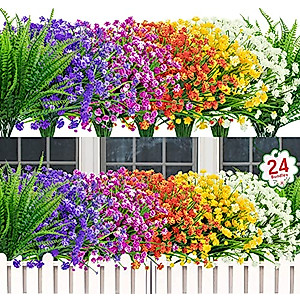 24 Bundles Artificial Flowers for Outdoor Decoration UV Resistant Fake Plastic Plants Faux Boston Fern Artificial Greenery for Spring Summer Indoor Outdoor Garden Patio Window Box Kitchen Home Decor