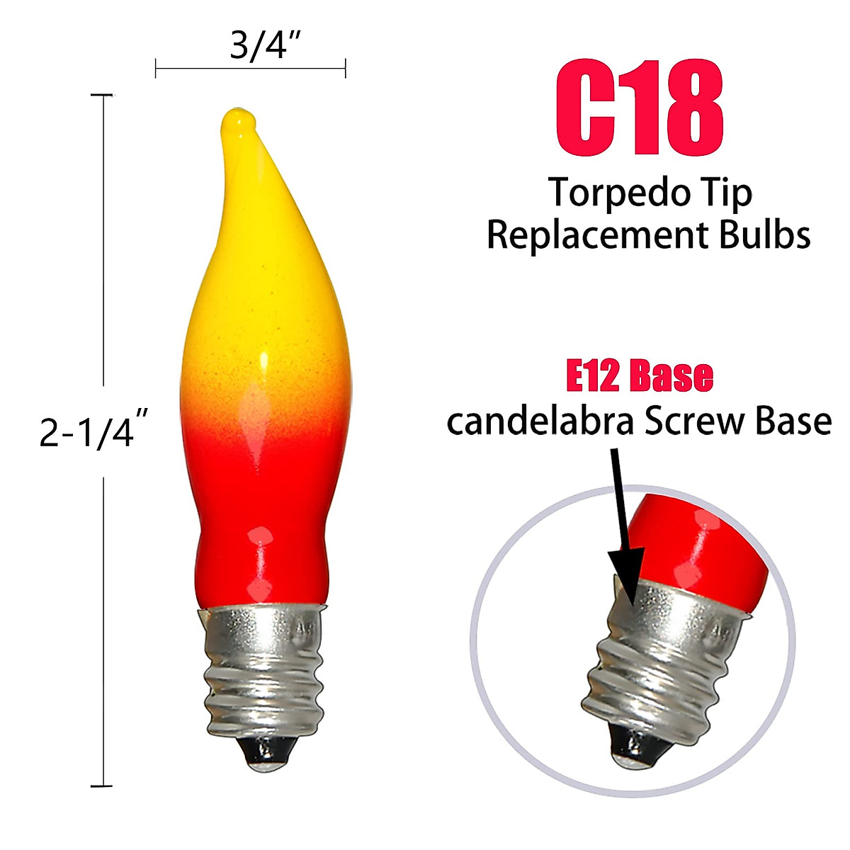 Pallerina Christmas Flame Shape Light Bulbs, Red Yellow Christmas Light Bulbs for Window Candles, Electric Menorah, Night Light Bulbs 7 Watt, 120 Volt E12 Candelabra Bases Flame Light Bulbs- 12 Pack