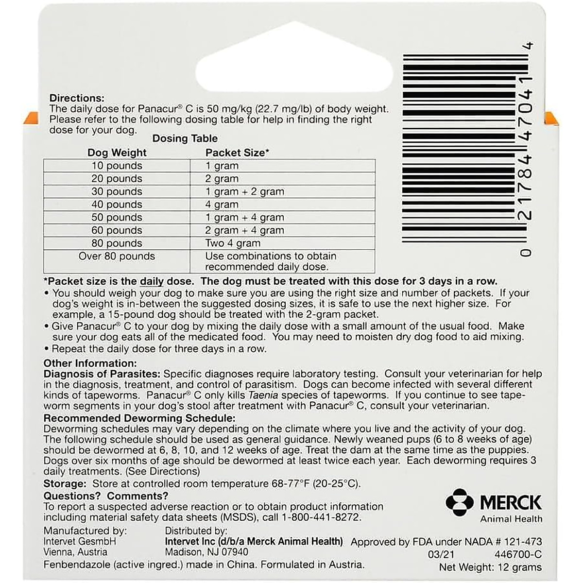 Panacur C Canine Dewormer, Net Wt. 12 Grams, Package Contents Three, 4 Gram Packets (4-(Pack))