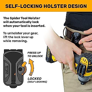 Spider Tool Holster - Tape Measure Set - 1 Tool Holster + 1 Adhesive Tool Tab - Self Locking, Quick Draw Universal Tool Holder for Conveneintly Accessing a Tape Measure, Bit Box, Bottle and More!