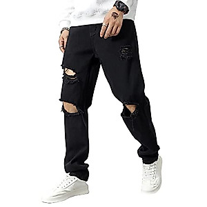 WDIRARA Men's Cut Out Ripped Frayed Zipper Fly Long Straight Leg Denim Jeans Black Solid XL