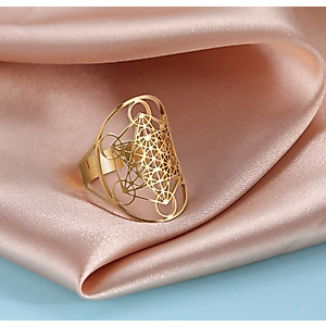 SIPURIS Metatron Cube Ring for Men Women Magic Men's Archangel Adjustable Finger Rings Signet Ring Band Stainless Steel Sacred Geometry Hexagram Protection Amulet Ring Statement Band (Gold)