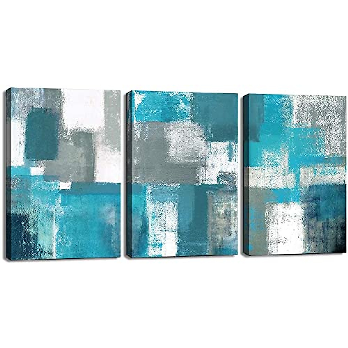Abstract Wall Art for Living Room Wall Decor 3 Piece Blue Teal Modern Paintings Canvas Prints Framed Living Room Ready To Hang for Bathroom Bedroom Kitchen Office Boho Grey White Teal Artwork 12x16