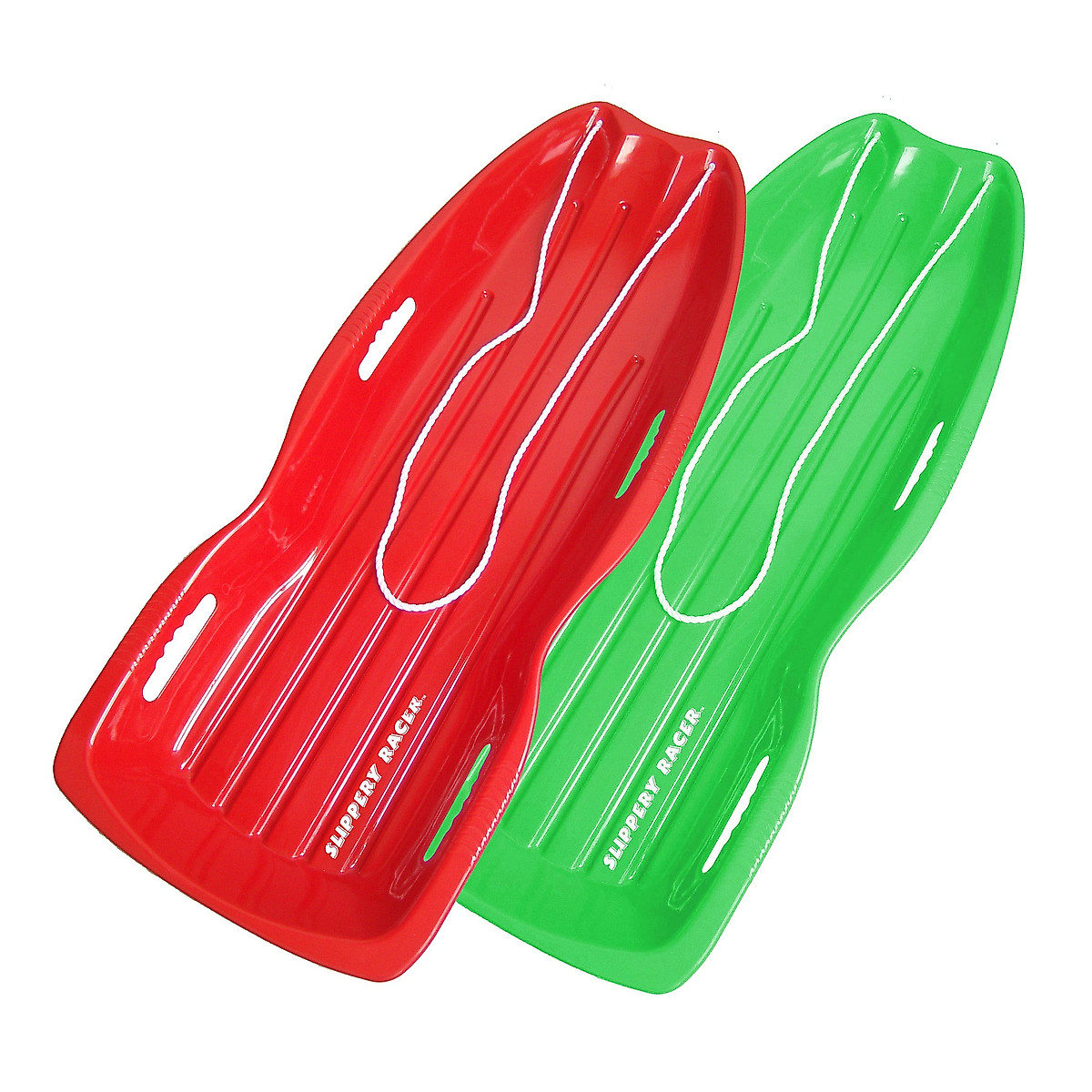 Slippery Racer Downhill Xtreme Flexible Adults and Kids Plastic Toboggan Snow Sled for Up to 2 Riders with Pull Rope, (2 Pack) (Red/Green)
