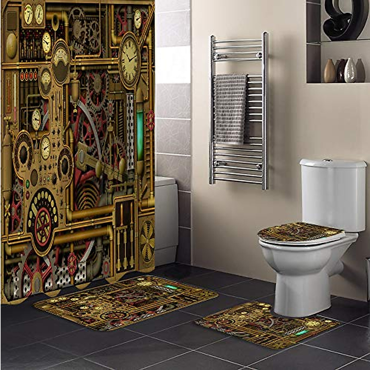 OneHoney 4 Piece Shower Curtain Sets with Non-Slip Rugs, Era Steampunk and Gear Bathroom Curtains Waterproof, Dashboards and Instruments Decor Doormat, Toilet Lid Cover and Bath Mat