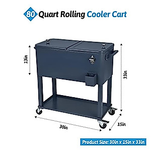 UPHA 80 Quart Rolling Outdoor Cooler, Patio Cooler Cart on Wheels, Portable Drink Beverage Bar for Patio Pool Party, Ice Chest with Shelf and Bottle Opener, IronGrey