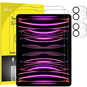 JETech Screen Protector for iPad Pro 12.9-Inch, 2022/2021/2020 (6th/5th/4th Generation) with Camera Lens Protector, Tempered Glass Film HD Anti-Scratch, Support Pencil & Face ID, 2-Pack Each