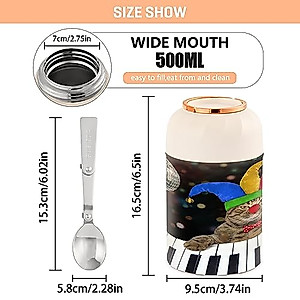 CUPADA Cat Musician Cute Food Jar, Clown Hats Color Insulated Hot Food Jars Vacuum 17OZ with Folding Spoon for Work Trip Picnic Camping