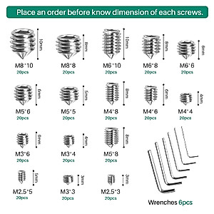 AJUER 320PCS Metric M2.5/3/4/5/6/8 304 Stainless Steel Allen Head Hex Socket Cone Point Set Screws,Internal Hex Drive Grub Screws,Tip Point Headless Set Screw Assortment Kit for Door Handle,Bathroom