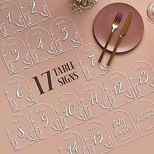Clear Arch Wedding Table Numbers with Stands 1-15, With Two Additional Table Signs for Guestbook, Gift & Card, 5X7 Acrylic Display Signs & Holders, Pack of 17, Perfect for Centerpiece, Reception, Decoration, Party, Anniversary, Event