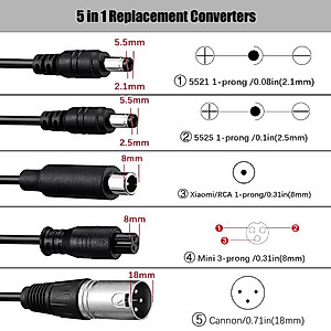 42V 2A Charger 5 Plugs for 36V Lithium Battery Charger, Pack DC 5.5 * 2.1 /DC 5.5 * 2.5mm/ 8mm 3 Prong/ 8mm RCA/ 3-Pin Male XLR Connector