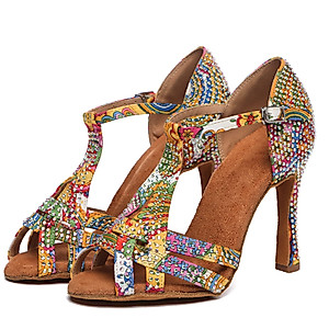 Minishion T-Strap Dance Shoes for Women Rhinestones Wedding Sandals L547 Multicolor US 9