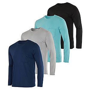 4 Pack:Men’s Long Sleeve Pocket T-Shirt Workout Quick Dry Crew UPF Sun Fishing Dri Fit Gym Tee Athletic Active Performance Casual Wicking Exercise Running Cool Sport Training Undershirt Top Set 2, XL