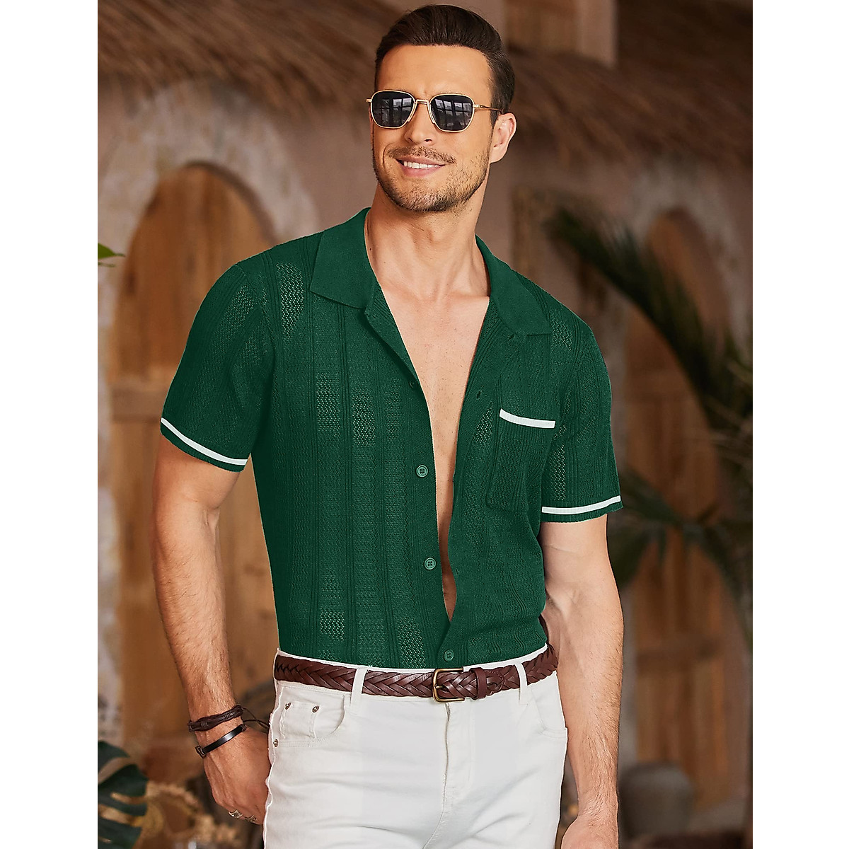 COOFANDY Knit Summer Shirts for Men Short Sleeve Button Down Polo Shirts with Pocket Green