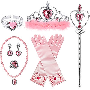 Princess Dress Up Accessories Princess Gloves, BIBUTY 7pcs Dress Up Set for Toddler Girls with Princess Crown, Wand, Gloves, Necklace, Earrings, Bracelet and Ring, Costume Toys for 3-6 yr Little Girls