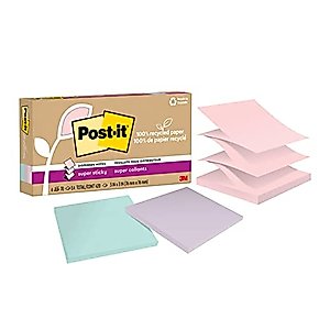 Post-it 100% Recycled Paper Super Sticky Pop-up Notes, 2X the Sticking Power, 3x3 in, 6 Pads/Pack, Wanderlust Pastels Collection