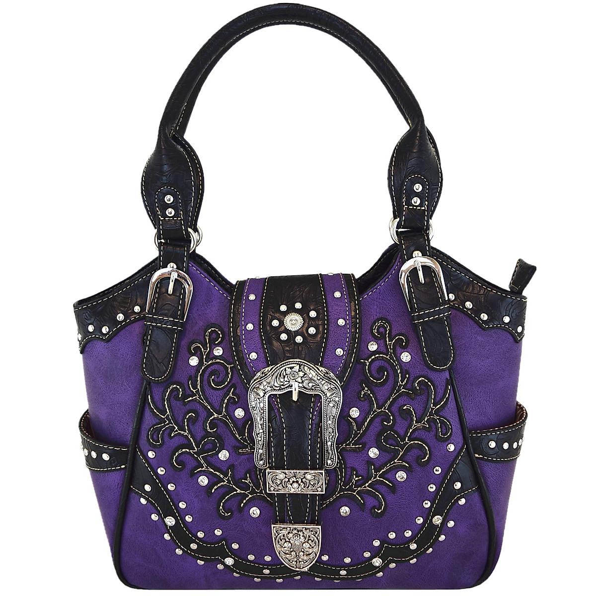 Western Style Tooled Leather Buckle Concealed Carry Purse Country Handbag Women Shoulder Bag Wallet Set (#4 Purple Set)