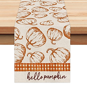 ARKENY Fall Thanksgiving Table Runner 13x72 Inches,Orange Hello Pumpkin, Seasonal Burlap Farmhouse Indoor Autumn Table Runner for Home AT258-72