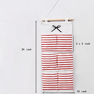 Halyuhn 24 x 10 Inch 6 Pockets Wall Hanging Storage Bag, White Red Striated Waterproof Linen Fabric Organizer with Self Adhesive Hook Wood Bar, Narrow 3-Shelf Over The Door Closet Pockets Chart