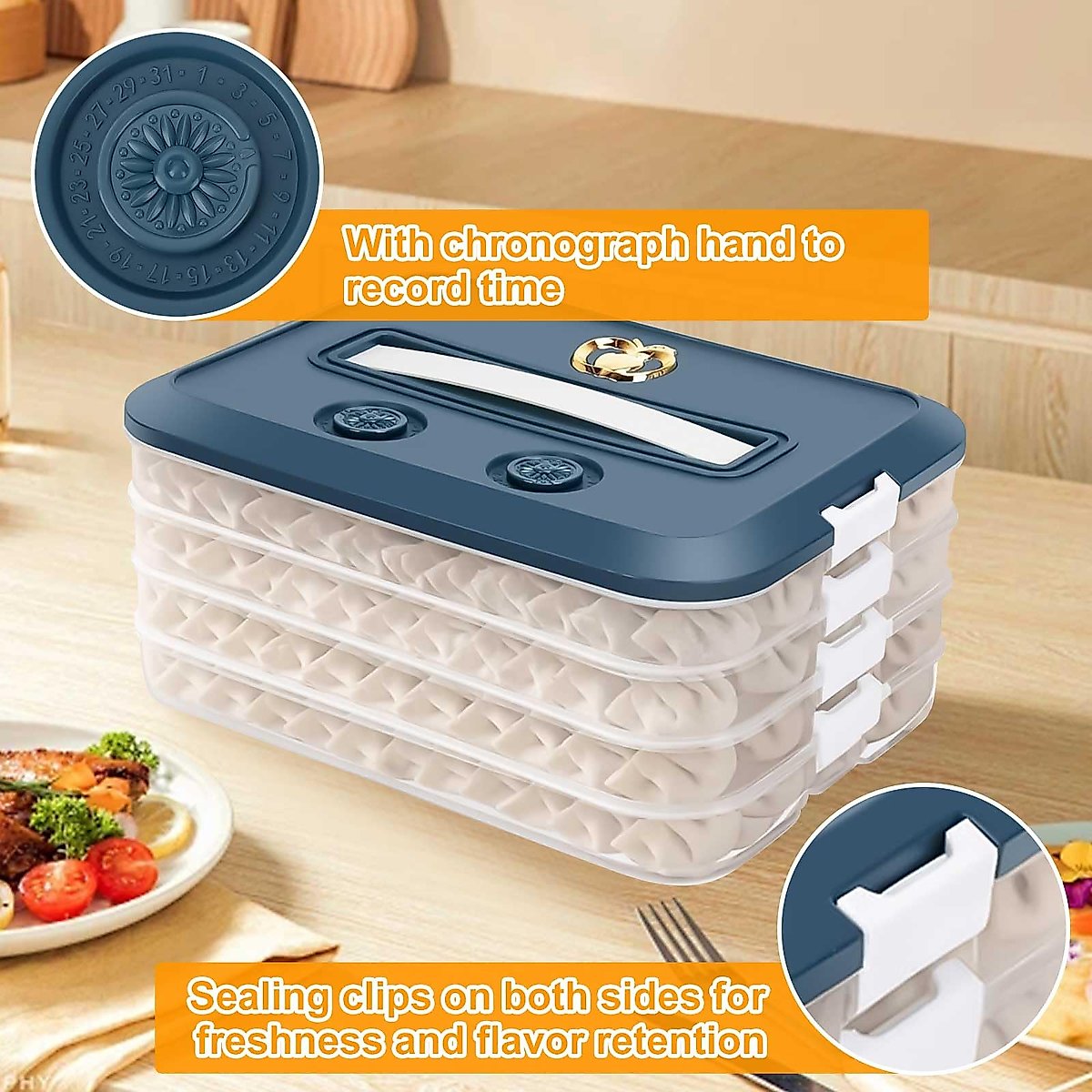 Tefola Food Storage Containers with Lids, 4-Layer Stackable Snack Container with Lid Dumpling Box Airtight Storage Container Cookie Storage Containers (Blue)