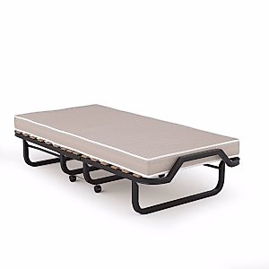 KOMFOTT Folding Bed with 4” Mattress, Foldable Rollaway Bed with Memory Foam Mattress for Adults, Portable Fold Up Guest Bed with Sturdy Steel Frame on Wheels, Made in Italy