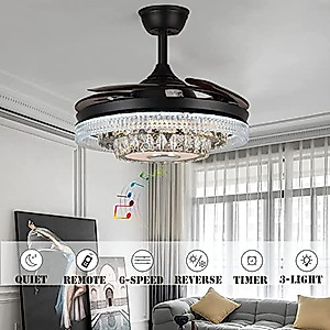 FINE MAKER 42" Bluetooth Fandelier Ceiling Fan with Light, Modern Black Reversible Chandelier Fan with RGB Light Colors Retractable Blades Light Fixture for Bedroom Living Room