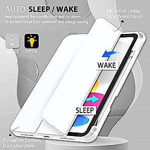 Gahwa iPad 10th Generation Case 10.9 Inch 2022, Slim Tri-fold Stand Soft TPU Back with Pencil Holder for iPad 10 Case - Support Touch ID, Auto Sleep/Wake(White)