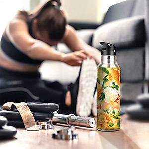 Yellow Rose Water Bottle Watercolor Reusable Leak-Proof Insulated Water Bottle BPA Free Stainless Steel Sport Water Bottle with Straw for Fitness Outdoor Hiking School 600ml
