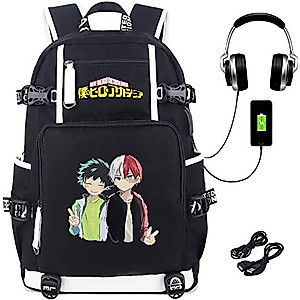 Roffatide Anime My Hero Backpack College School Bag Print Laptop Backpack with USB Charging Port & Headphone Port